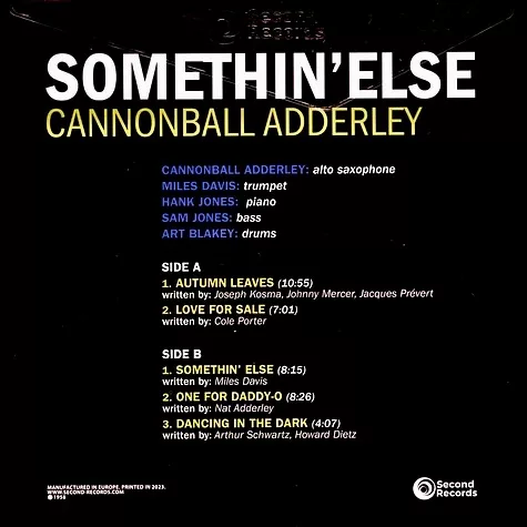 Cannonball Adderley - Somethin' Else (Limited Edition) - Vinyl Pussycat ...