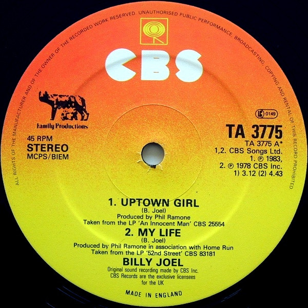 Billy Joel ‎– Uptown Girl - Vinyl Pussycat Records
